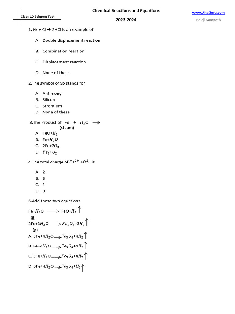 STD 10 Test On Chemical Reaction and Equation-28 July 23-Student | PDF