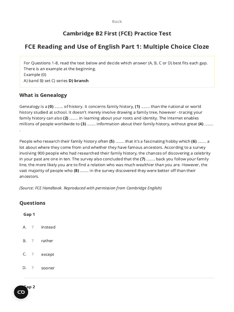 FCE Part 1 Multiple Choice Cloze Practice Test | PDF | Multiple Choice ...