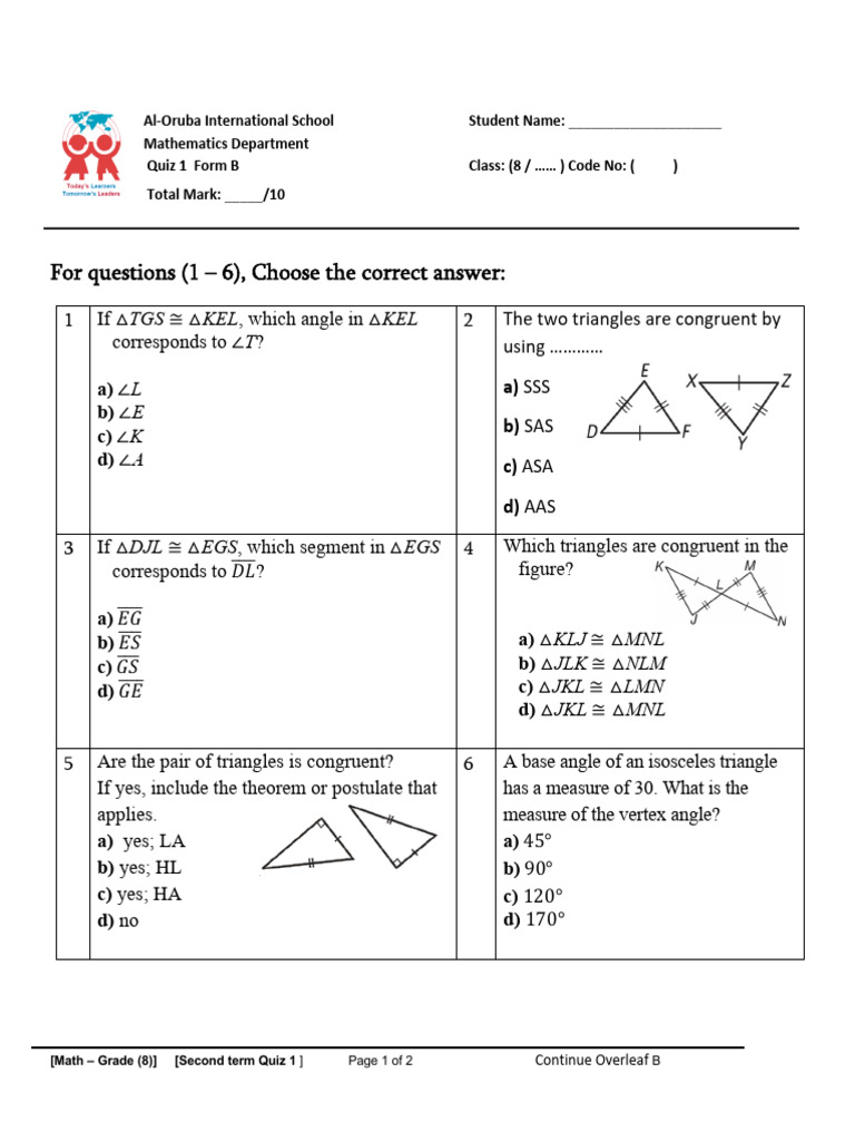 G8-1st quiz - form B | PDF | Triangle | Euclidean Plane Geometry