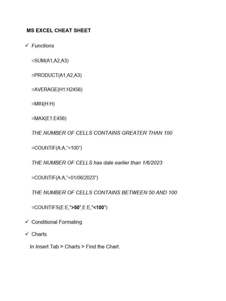 Functions: Ms Excel Cheat Sheet | PDF