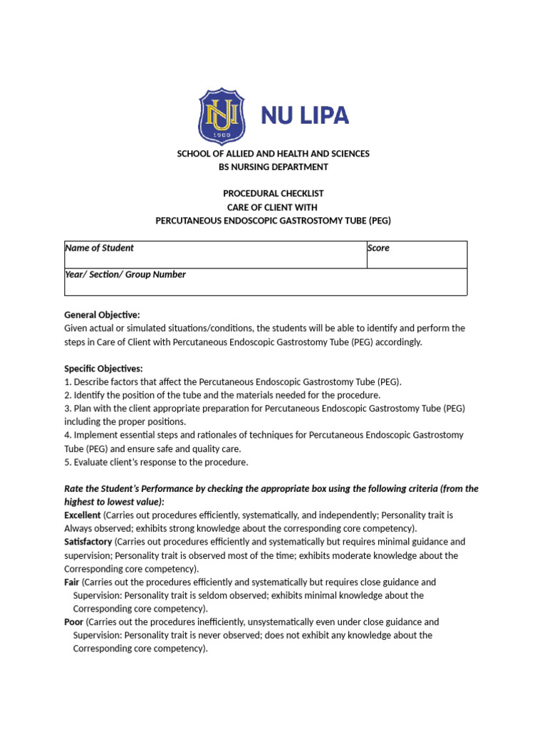 PEG Tube Care Procedural Checklist | PDF | Nursing | Patient