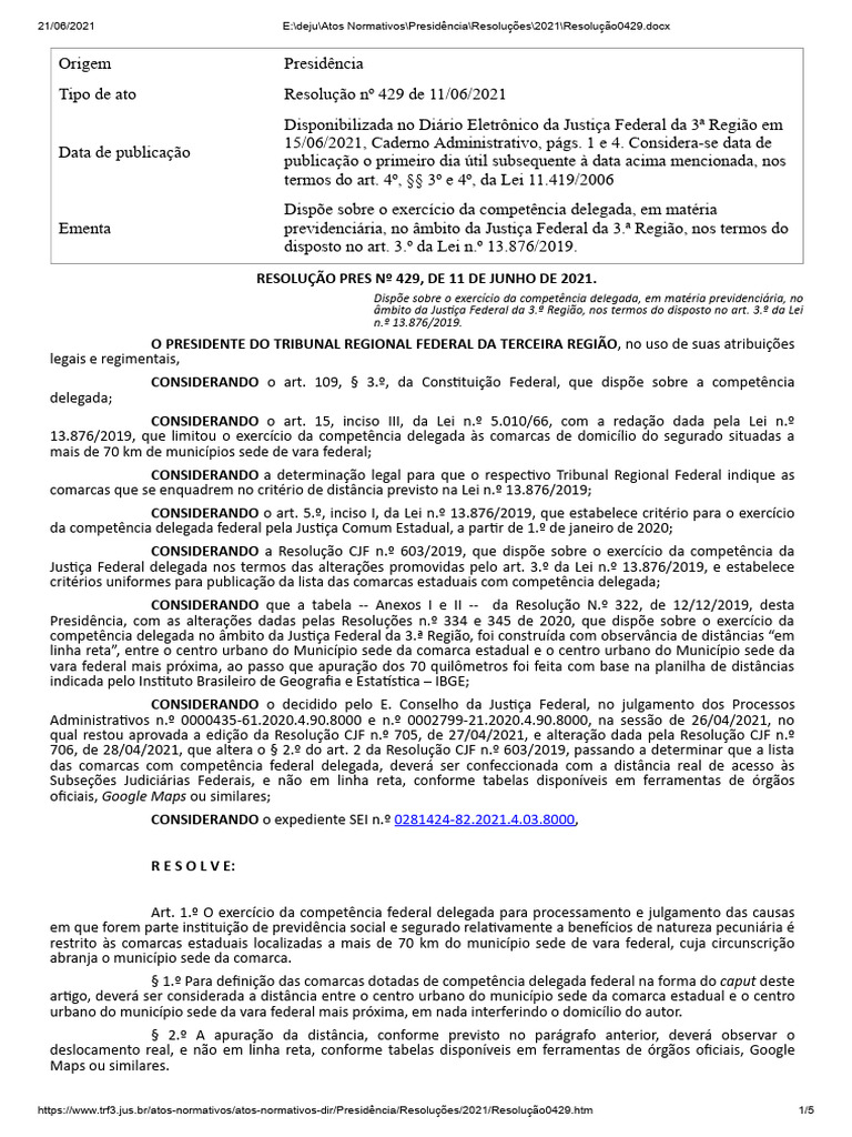 Resolução 0429 2021 TRF3 COMPETÊNCIA DELEGADA | PDF | Advogado | Vídeo