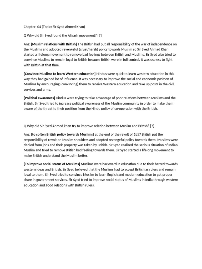 Chapter 04 Sir Syed Ahmed Khan | PDF | British Raj | Two Nation Theory