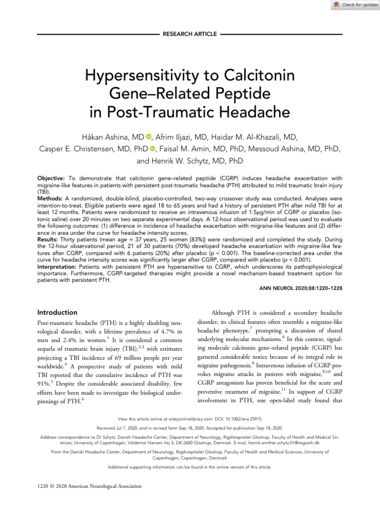 Annals of Neurology - 2020 - Ashina - Hypersensitivity To Calcitonin Gene Related Peptide in ...