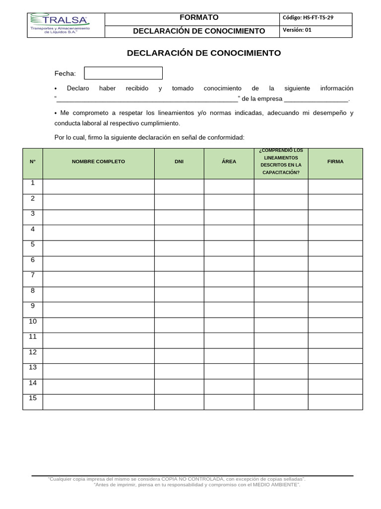 HS-FT-TS-29 Declaración de Conocimiento | PDF