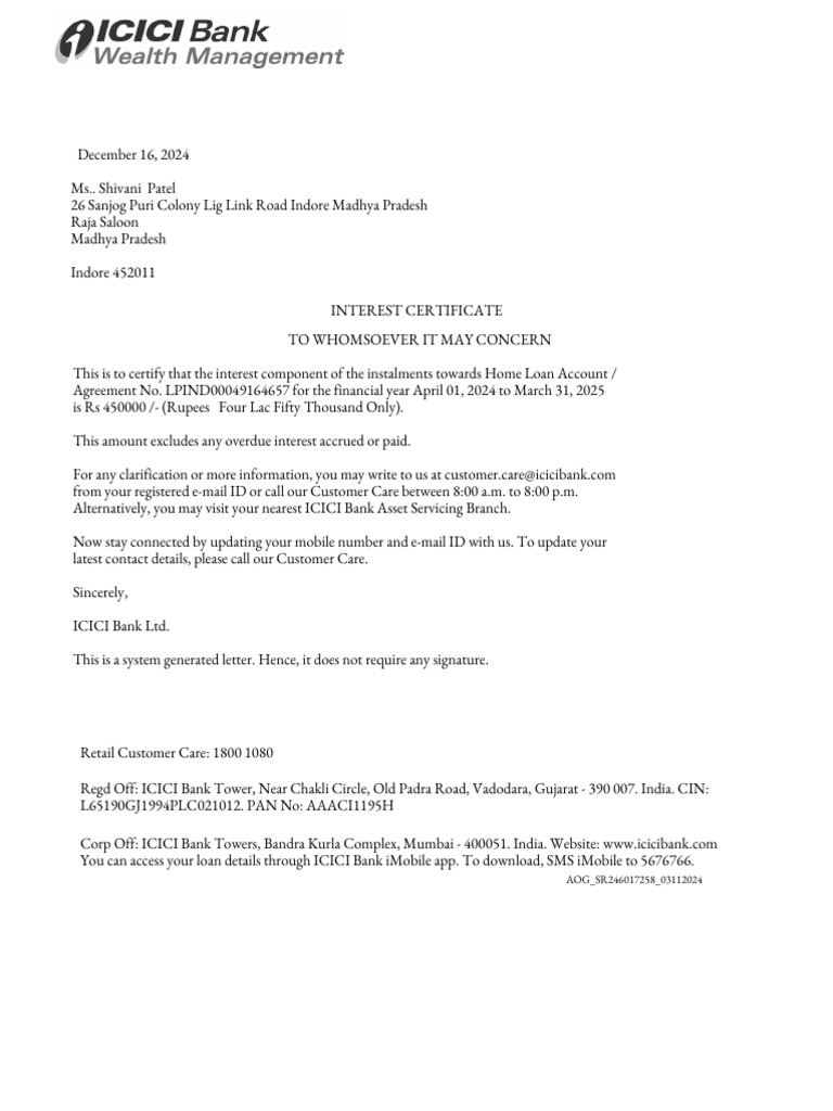 Home Loan Interest Certificate PDF | PDF