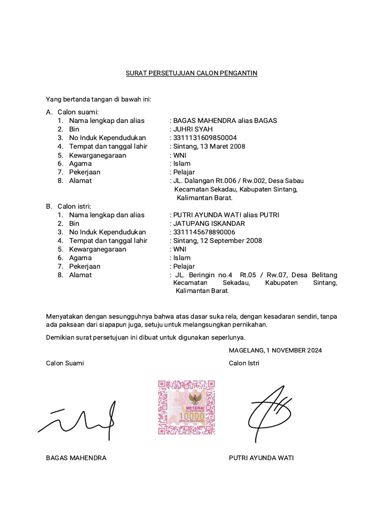 Surat Persetujuan Calon Mempelai | PDF