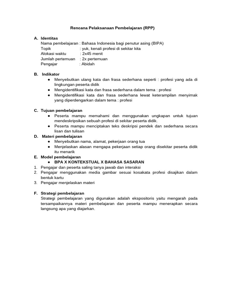 RPP Bahasa Indonesia Bagi Penutur Asing | PDF
