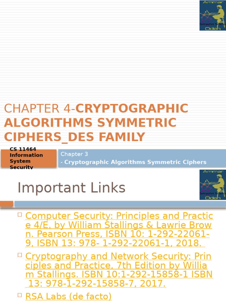 Chapter 4-Cryptographic Algorithms Symmetric Ciphers DES Family | PDF | Cryptography | Key ...