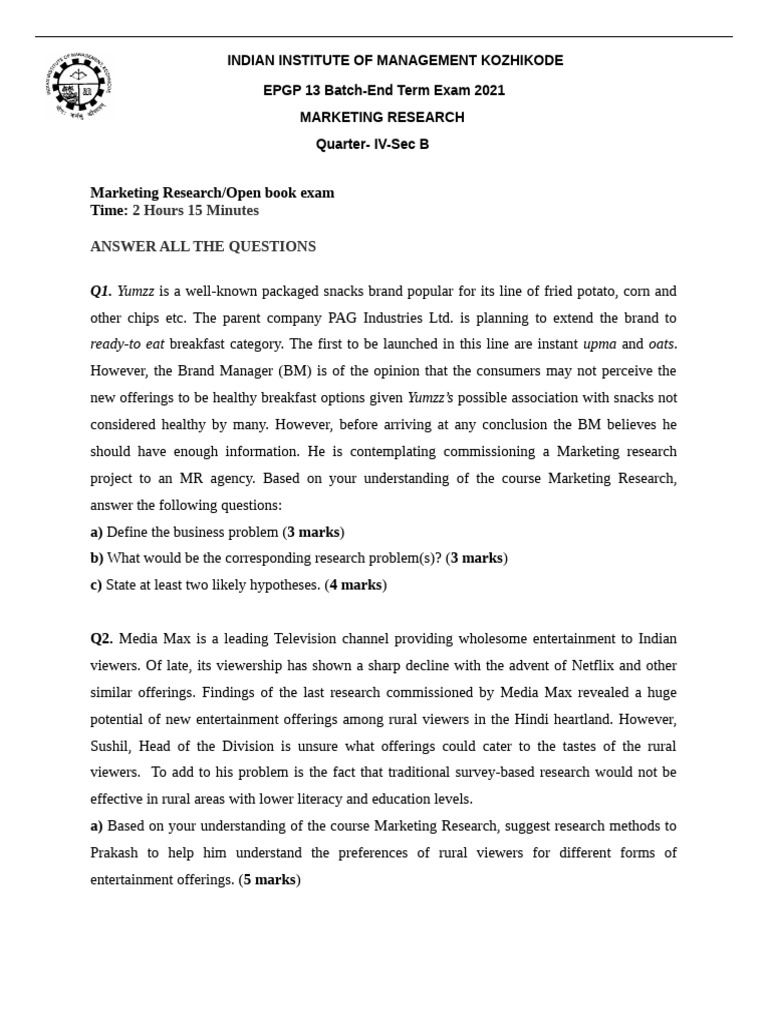 Marketing_Research_Question_Paper_Sec_B.docx | PDF | Questionnaire ...