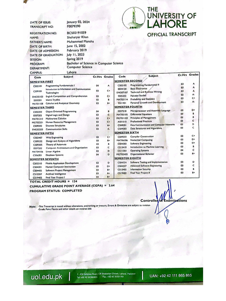 BSCS Transcript | PDF