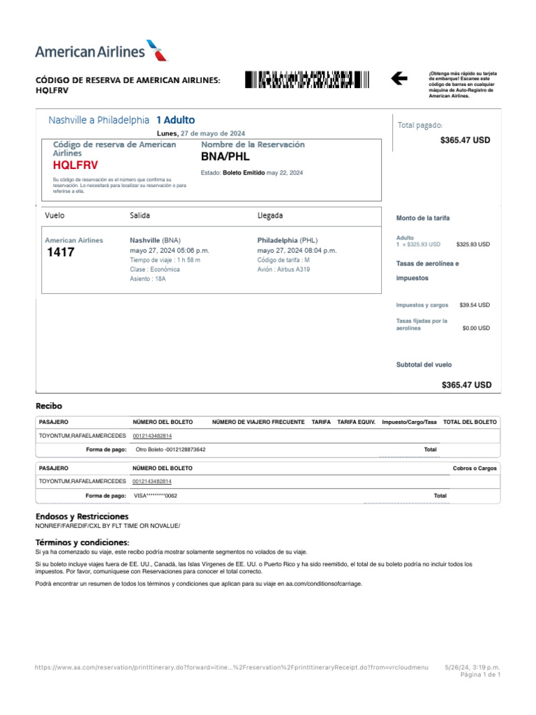 Recibo de Vuelo American Airlines | PDF | aerolíneas americanas | Aeronave