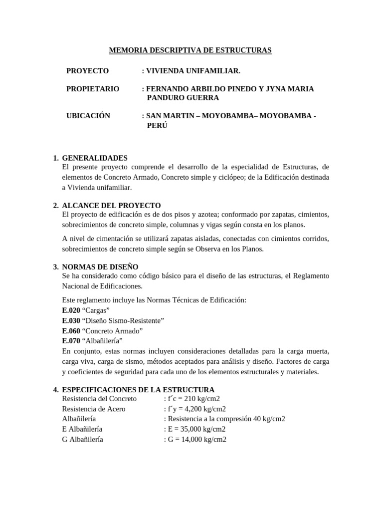 Memoria Descriptiva Estructuras | PDF | Hormigón | Fundación (Ingeniería)