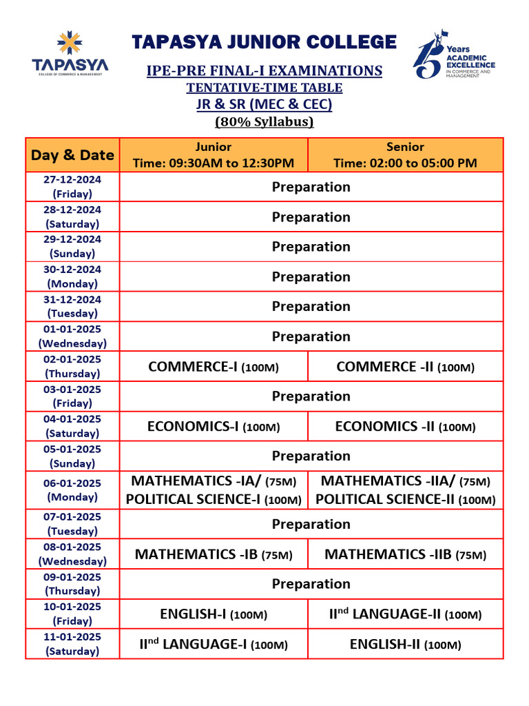 IPE JR & SR Pre Final Examinations Time Table at 14-12-2024 | PDF