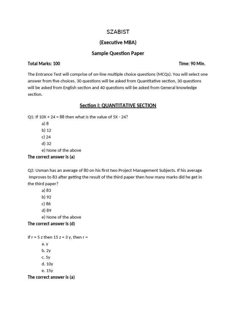 EMBA Sample Paper | PDF | Multiple Choice