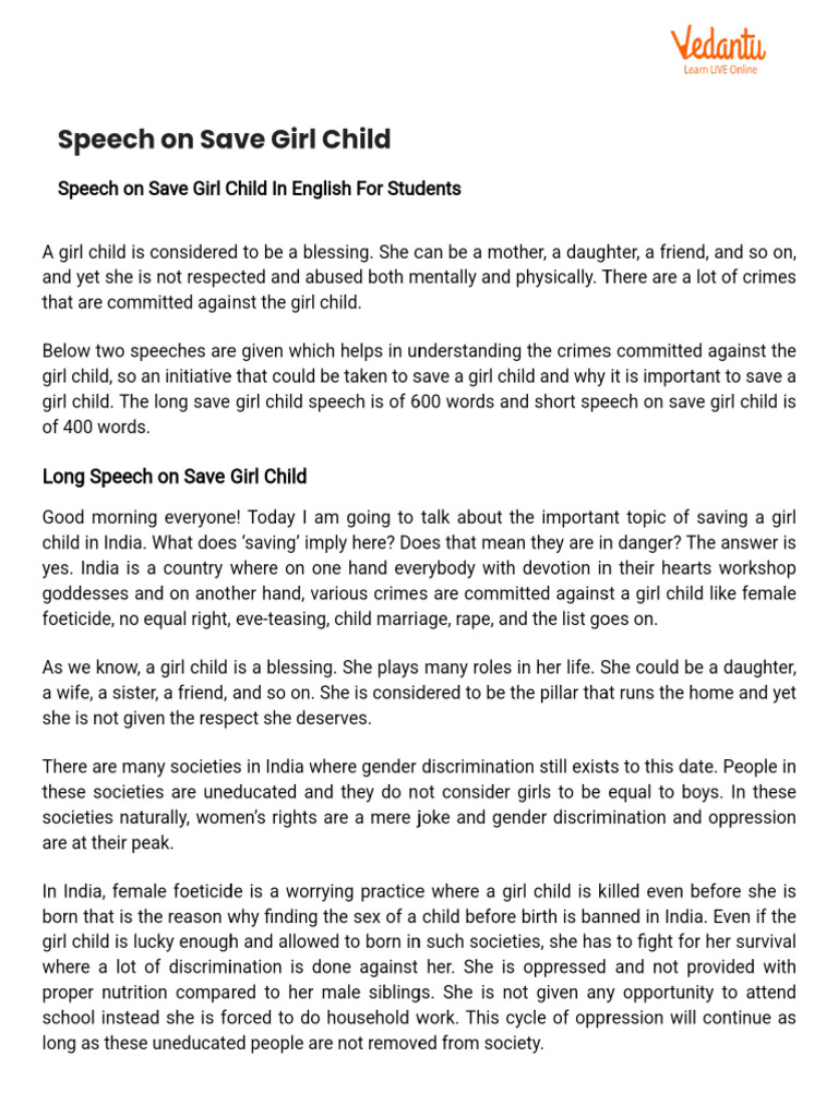 Speech On Save Girl Child | PDF
