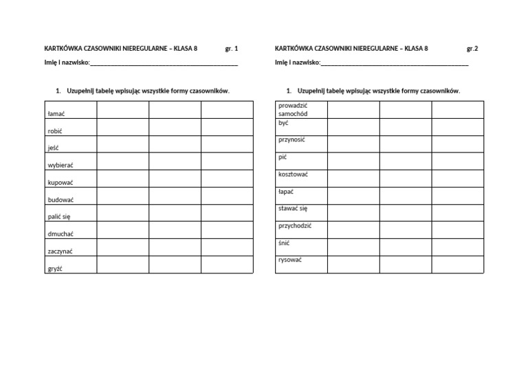 KARTKÓWKA CZASOWNIKI NIEREGULARNE - Klasa 8 | PDF