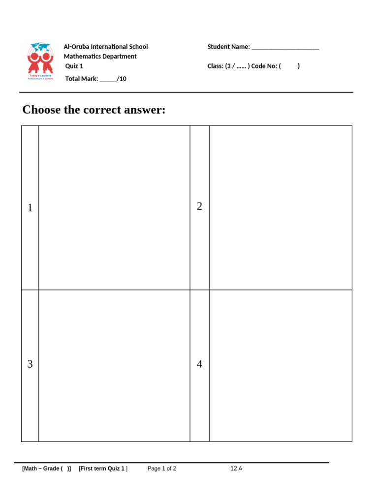 Grade 3 Math Quiz 1 Template | PDF