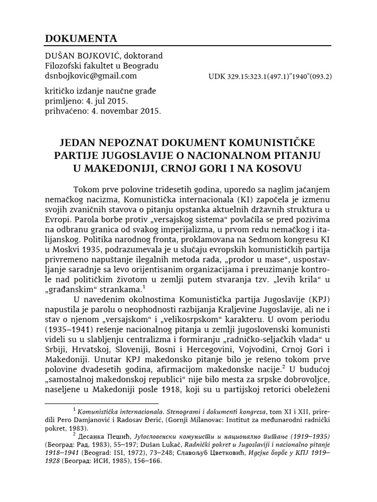 Bojkovic, Komunisti KPJ o nacionalnom pitanju na Kosovu, CG, Makedoniji | PDF