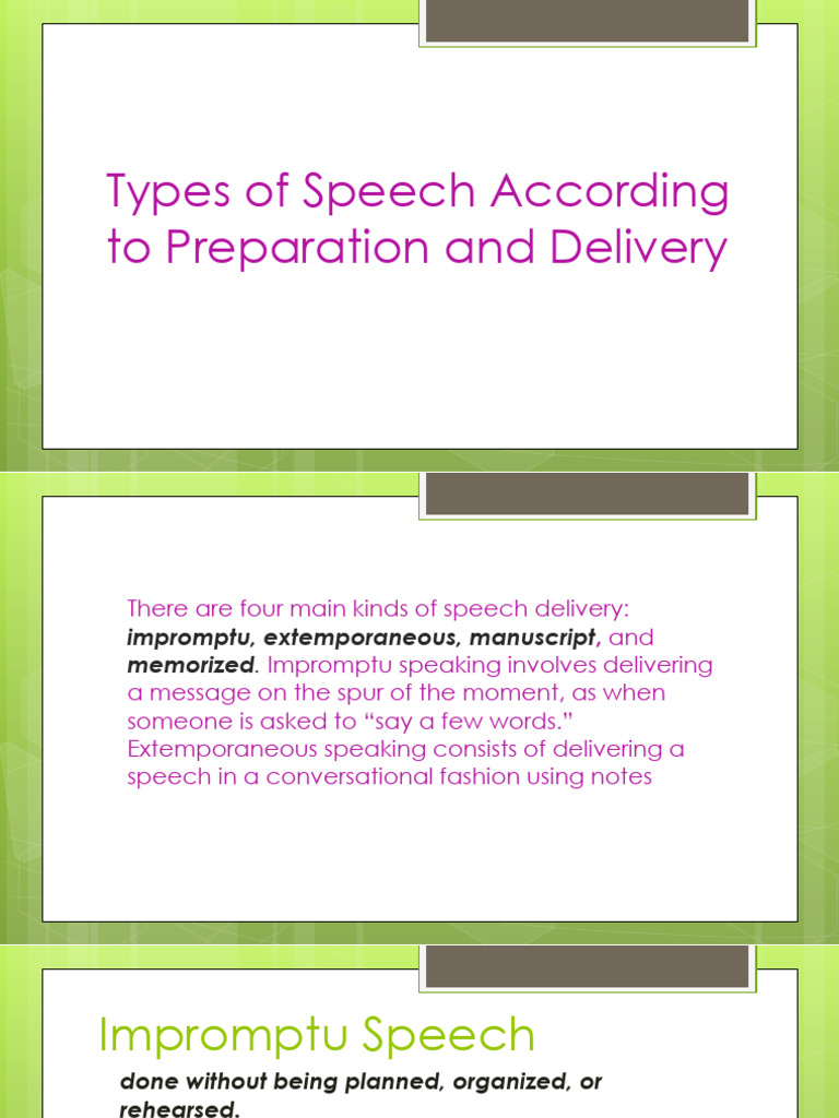TYpes of Speech According To Preparation and Delivery | PDF | Human ...