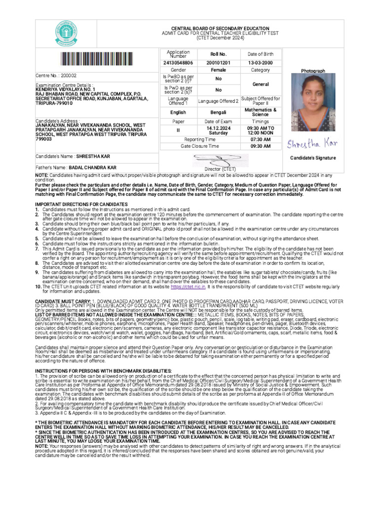 CTET Admit card | PDF