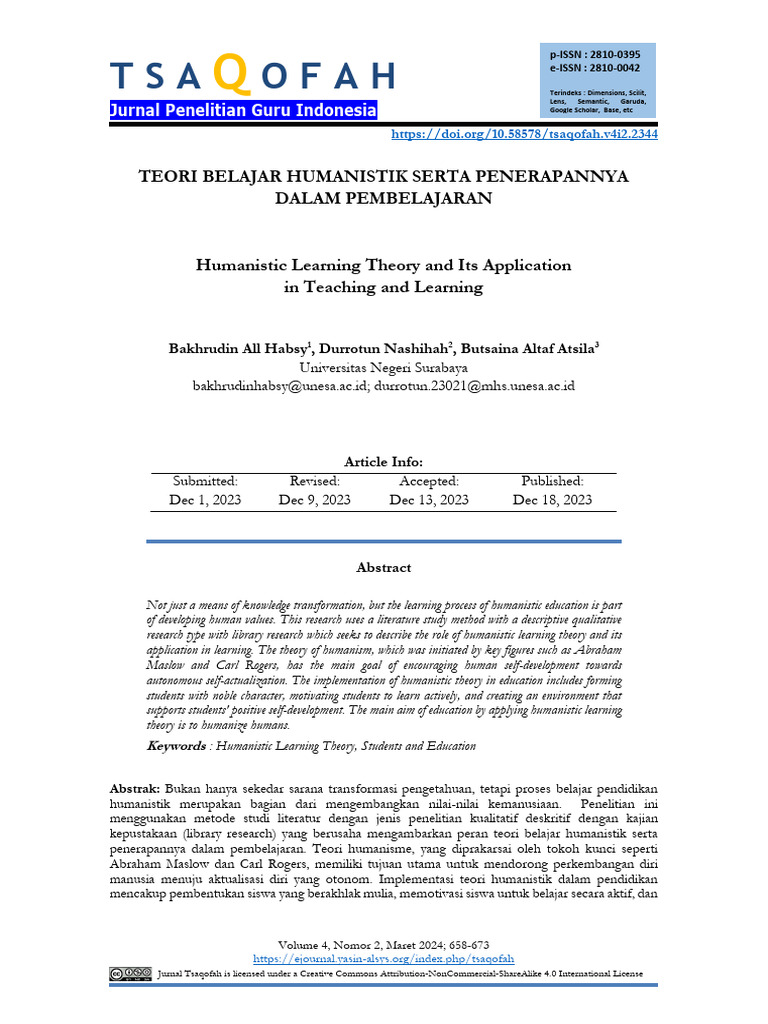 Teori Belajar Humanistik Serta Penerapannya Dalam | PDF