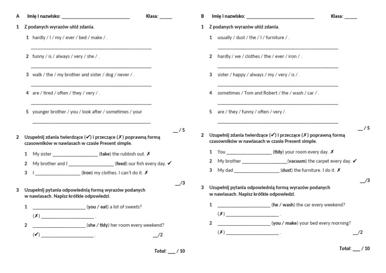 Present Simple - Kartkówka Klasa 5 | PDF