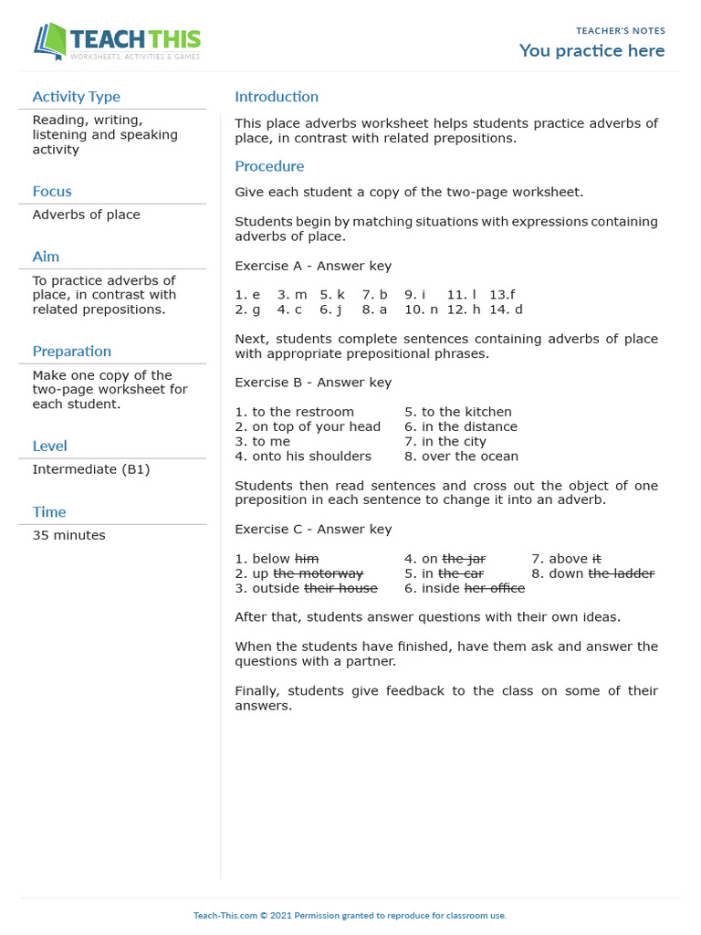 Adverbs of Place Worksheet | PDF | Adverb | Preposition And Postposition