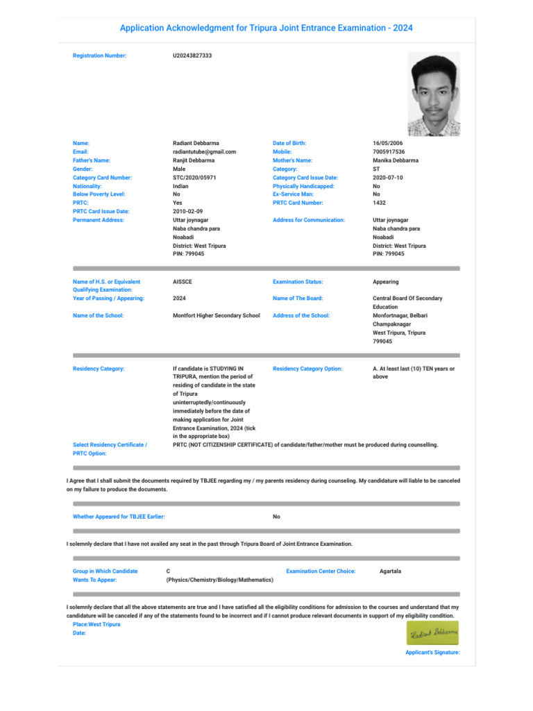 TBJEE - Application Acknowledgment | PDF