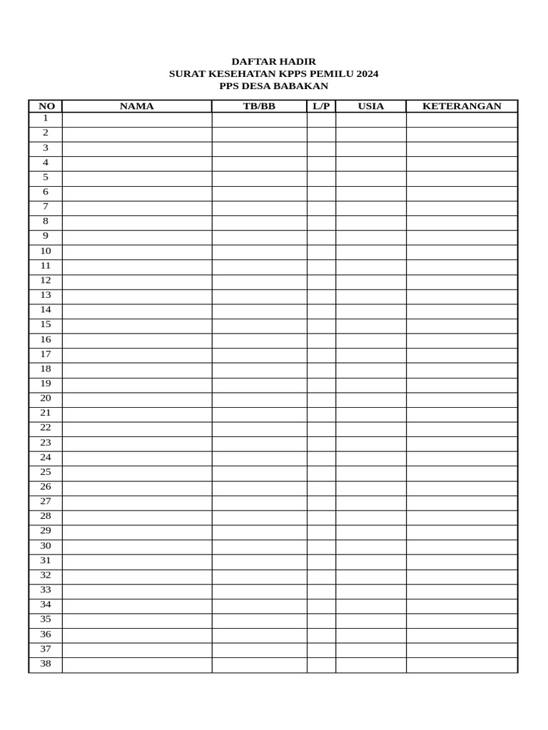 Daftar Hadir Cek Kesehatan Babakan | PDF