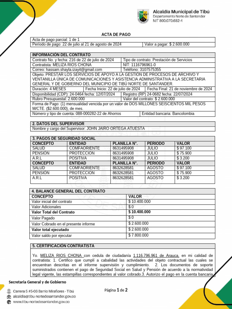 Acta de Pago Meliza Rios Mes Julio 2024 | PDF | Gobierno