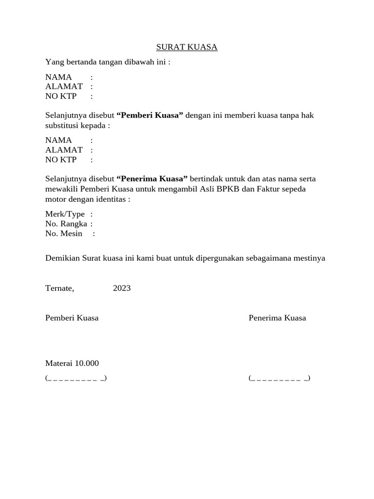 Surat Kuasa Pengambilan BPKB | PDF