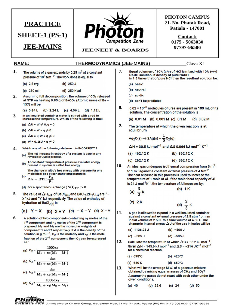 2311 - N - THERMO - PS - 1-03-Oct-2023 JEE-MAIN | PDF