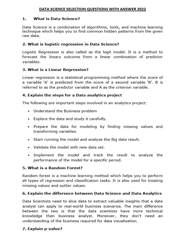 Data Science Selection Questions and Their Answers 2022 | PDF | Data ...