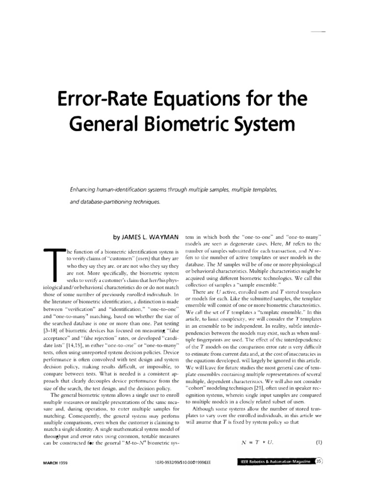 Error Rate Equations For The General Biometric System | PDF ...