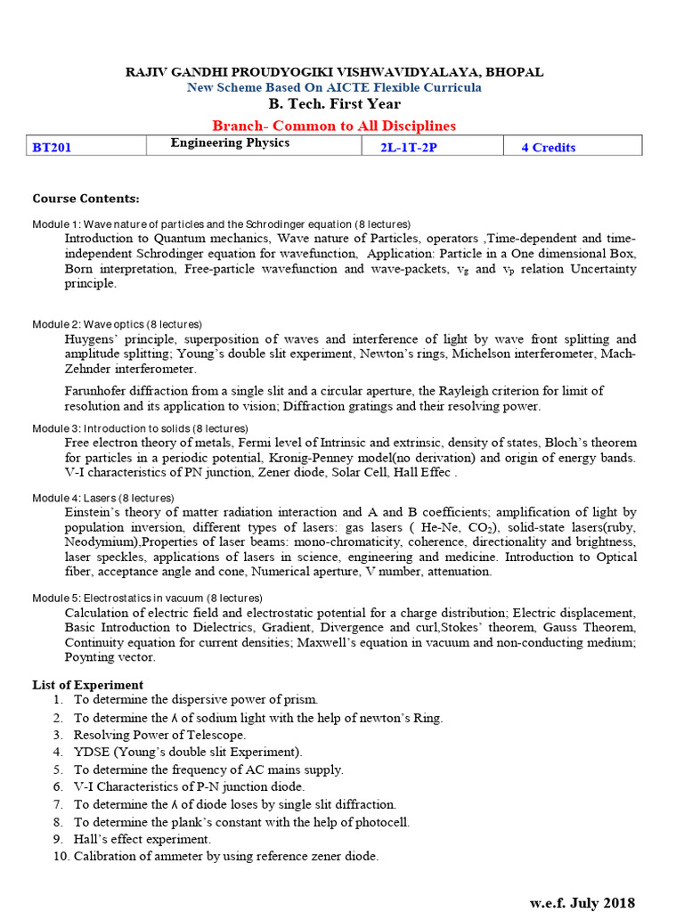RGPV Syllabus Aicte BT 201 Engineering Physics | PDF | Diffraction | Laser
