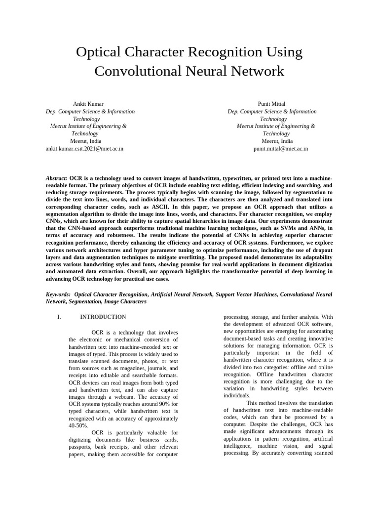Optical Character Recognition Using Convolutional Neural Network | PDF | Optical Character ...