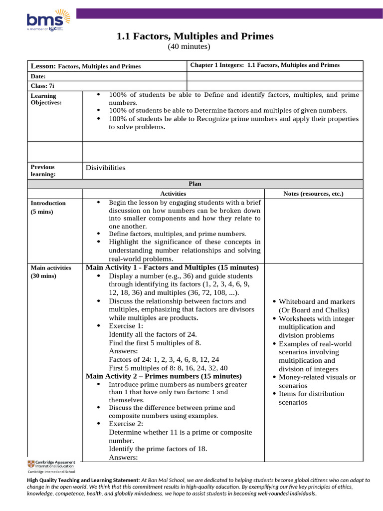 GA - K7 - Tiết 001-002 - Factors, Multiples and Primes | PDF | Prime ...