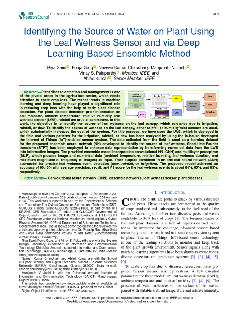 Identifying The Source of Water On Plant Using The Leaf Wetness Sensor and Via Deep Learning ...