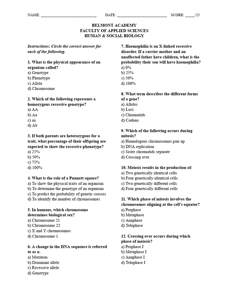 5th HSB TEST - GENETICS | PDF | Meiosis | Dominance (Genetics)