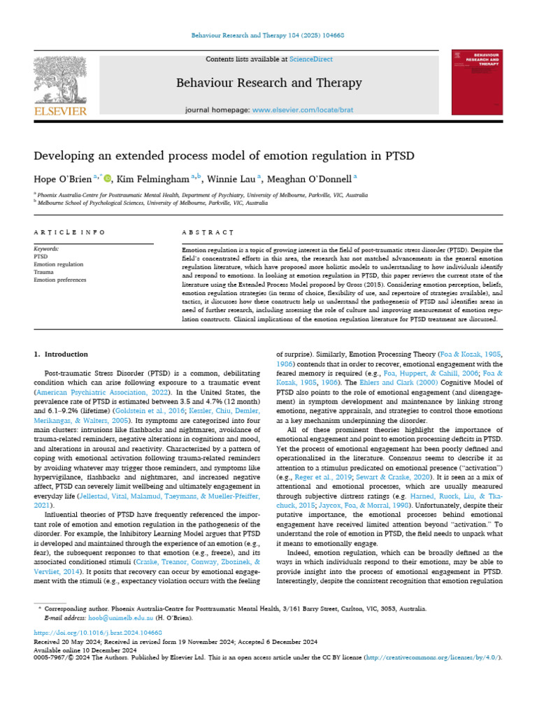 Developing An Extended Process Model of Emotion Regulation in PTSD ...