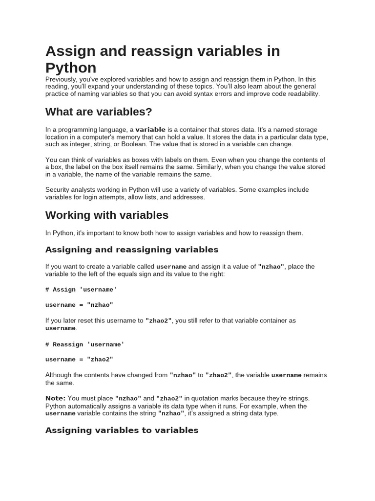 Assign and reassign variables in Python | PDF | Variable (Computer ... Assign and reassign variables in Python | PDF | Variable (Computer ...