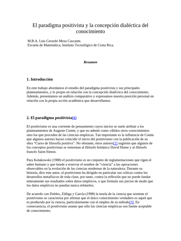 El Paradigma Positivista y La Concepción Dialéctica Del Conocimiento | PDF | Positivismo ...