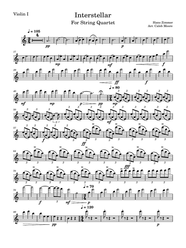 Interstellar For String Quartet Hans Zimmer-Violin I | PDF | Classical ...