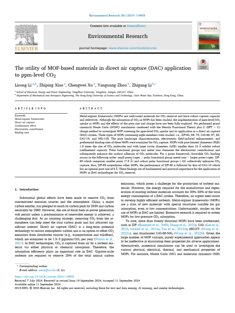 The Utility of MOF-based Materials in Direct Air Capture (DAC) Application | PDF | Adsorption ...