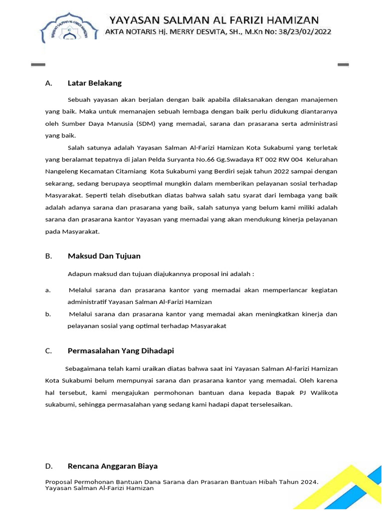 Proposal Yayasan Salman Al Farizi Hamizan Sarpras | PDF