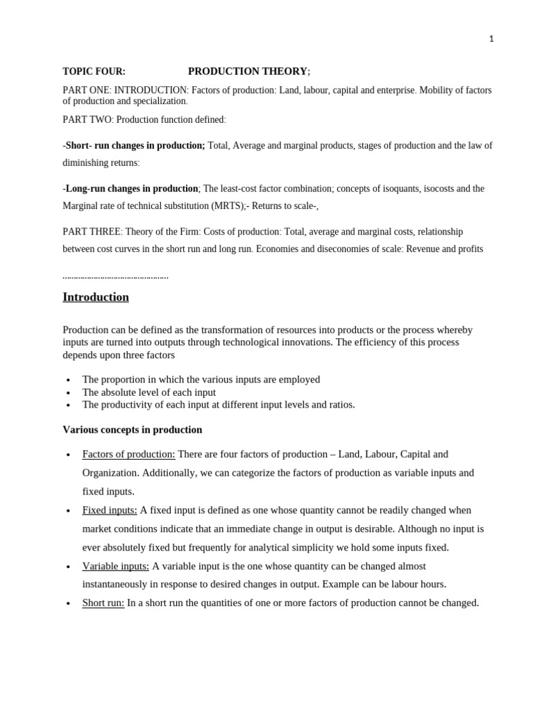 Topic Four A Production Theory Pdf Production Function Labour Economics