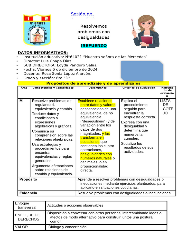 Matematica 6 de Diciembre de 2024 | PDF | Evaluación | Aprendizaje