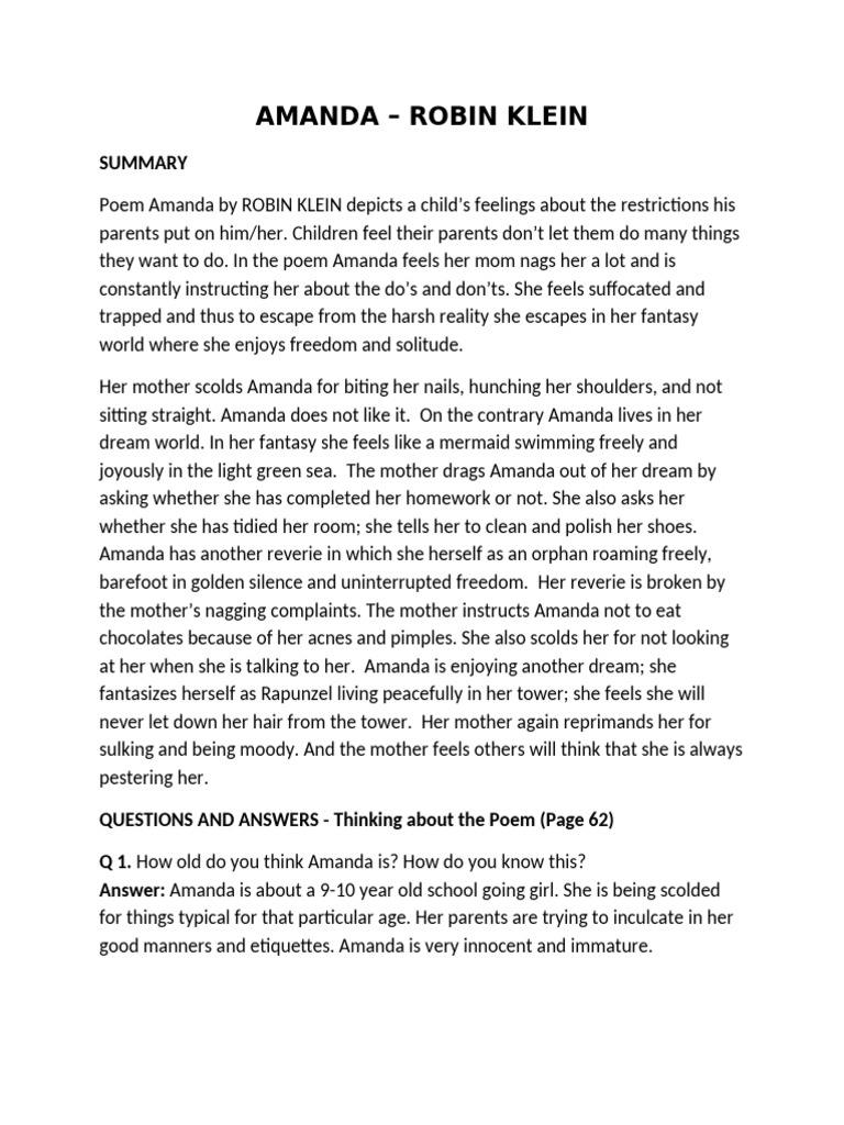 Poem Amanda by ROBIN KLEIN Depicts A Child | PDF | Rapunzel