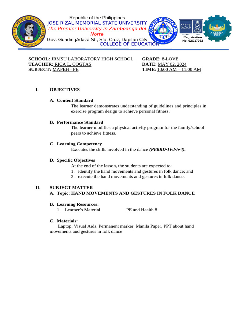 4 A's Detailed Lesson Plan of Hand Movement and Gestures in Folk Dance ...